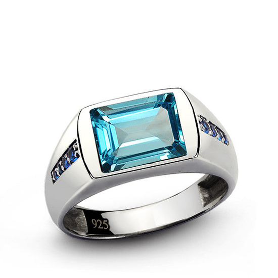 Italian Signet 925 Silver Jewelry Sideway Blue Topaz Emerald Cut ...