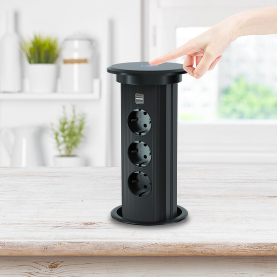 Motorised Pop Up Socket Power Supply Port 3 EU Plug sockets + 2 USB ...