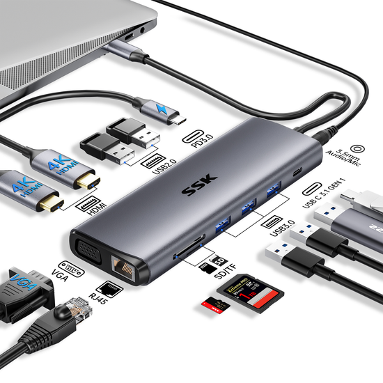 SSK USB C Laptop Docking Station Dual Monitor,14 in 1 USB C Hub SC215 ...